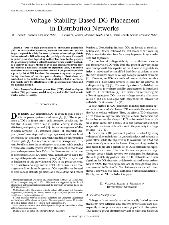 (PDF) Voltage Stability-Based DG Placement in Distribution Networks
