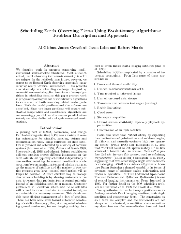 Pdf Scheduling Earth Observing Fleets Using Evolutionary Algorithms Problem Description And