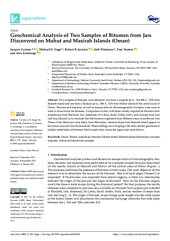 (PDF) Geochemical Analysis of Two Samples of Bitumen from Jars ...