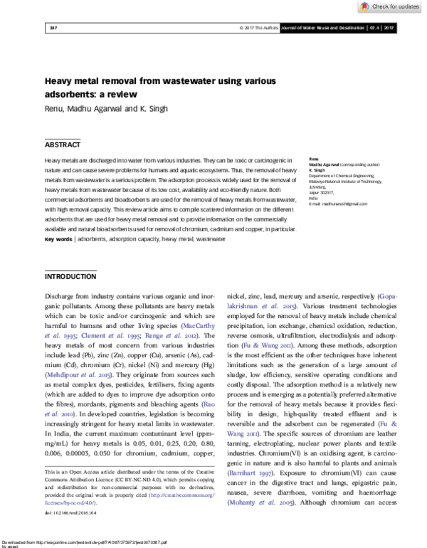(PDF) Heavy metal removal from wastewater using various adsorbents: a review
