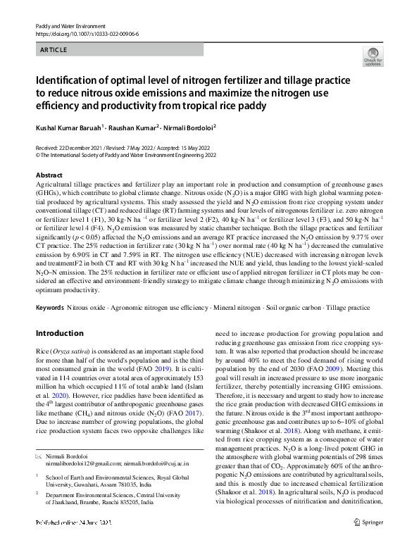 (PDF) Identification of optimal level of nitrogen fertilizer and tillage practice to reduce ...