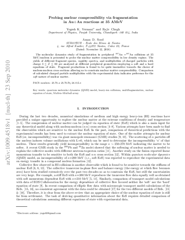 (PDF) Probing nuclear compressibility via fragmentation in Au+Au ...
