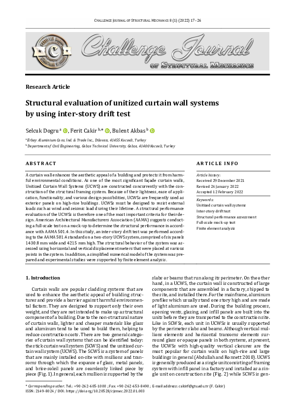 Pdf Structural Evaluation Of Unitized Curtain Wall Systems By Using Inter Story Drift Test