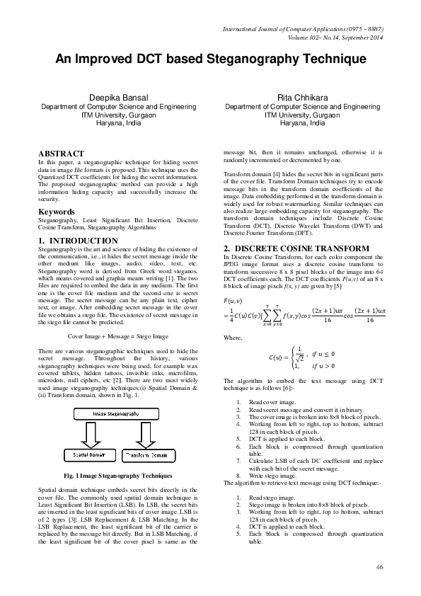 Pdf An Improved Dct Based Steganography Technique 