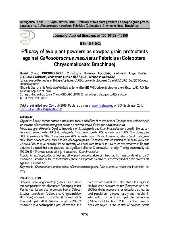 (PDF) Efficacy of two plant powders as cowpea grain protectants against ...