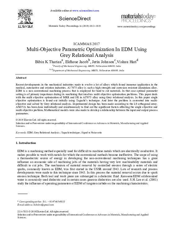Pdf Multi Objective Parametric Optimization In Edm Using Grey