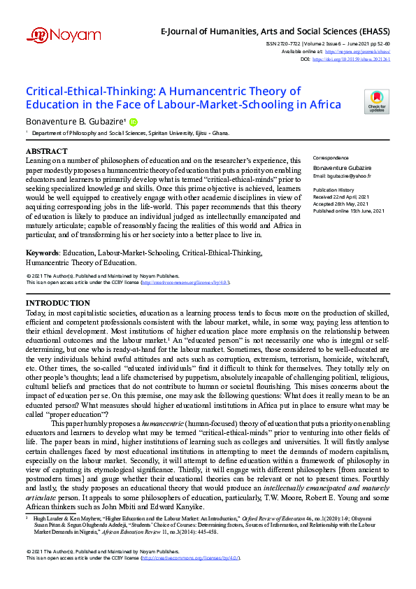 (PDF) Critical-Ethical-Thinking: A Humancentric Theory of Education in the Face of Labour-Market ...