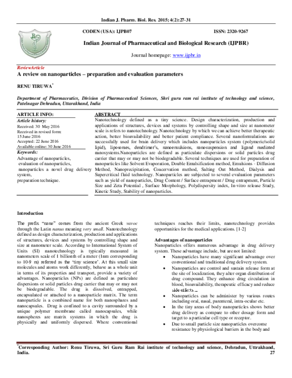 (PDF) A review on nanoparticles – preparation and evaluation parameters