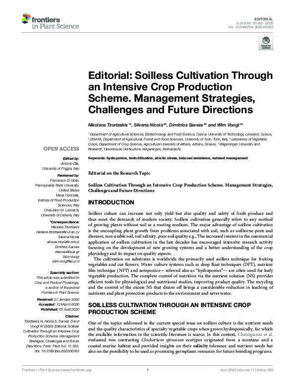 (PDF) Editorial: Soilless Cultivation Through an Intensive Crop Production Scheme. Management ...