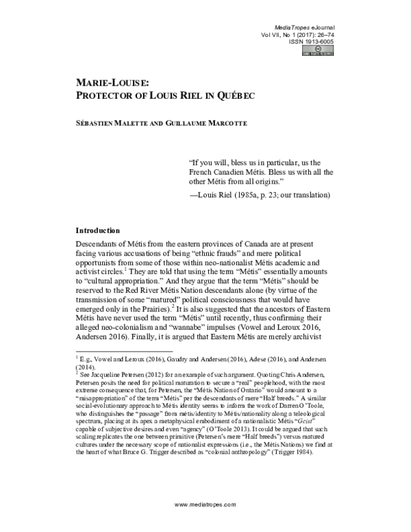 (PDF) Marie-Louise: Protector of Louis Riel in Québec | Seb Malette ...