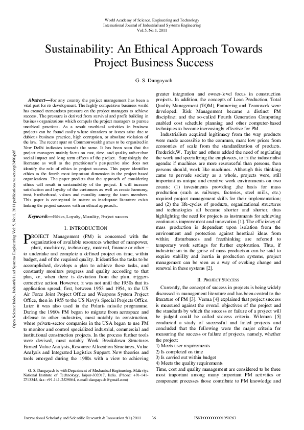 (PDF) Sustainability: An Ethical Approach Towards Project Business Success