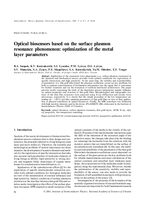 (PDF) Optical biosensors based on the surface plasmon resonance phenomenon: optimization of the ...
