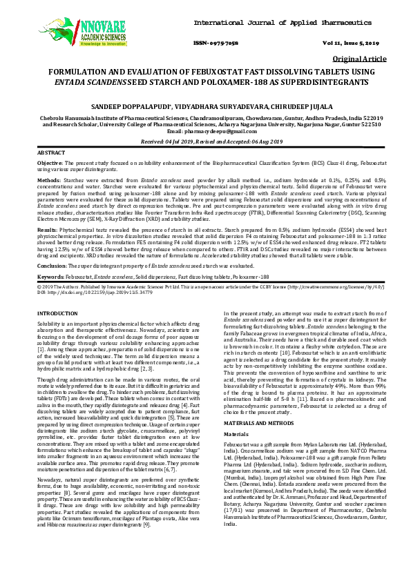 Pdf Formulation And Evaluation Of Febuxostat Fast Dissolving Tablets Using Entada Scandens