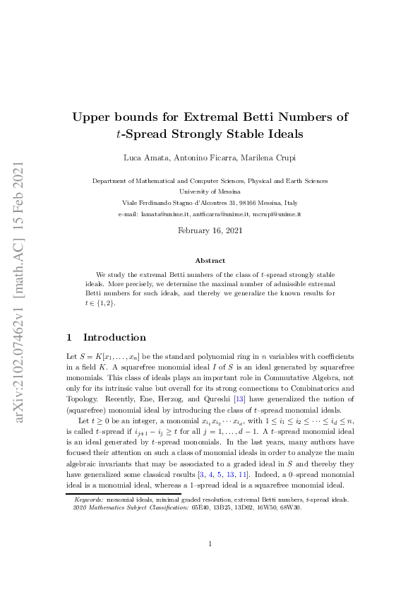 (PDF) Upper bounds for Extremal Betti Numbers of t-Spread Strongly Stable Ideals