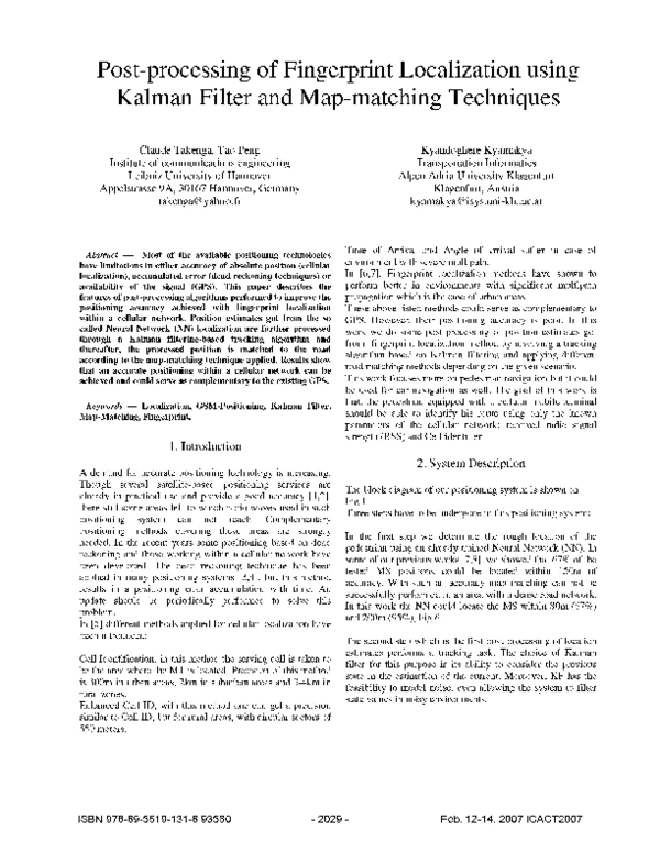 (PDF) Post-processing of Fingerprint Localization using Kalman Filter and Map-matching Techniques