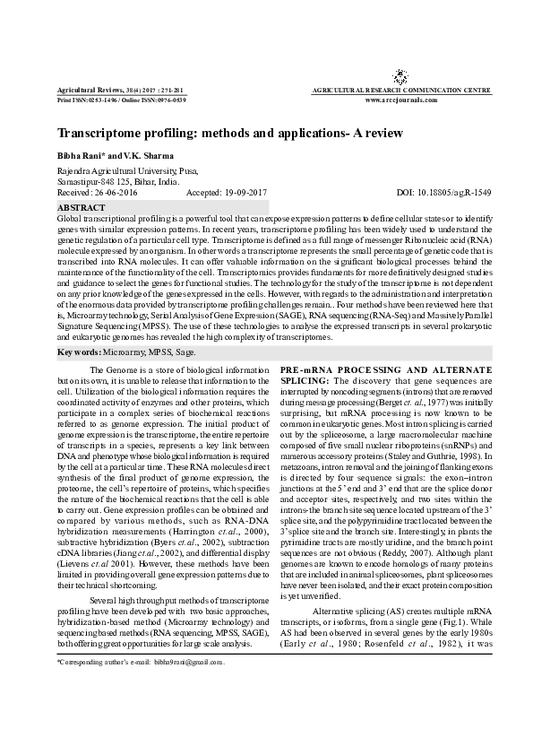 Pdf Transcriptome Profiling Methods And Applications A Review
