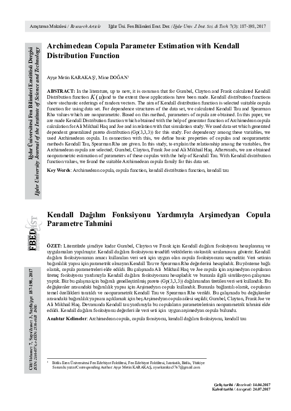 Pdf Archimedean Copula Parameter Estimation With Kendall Distribution