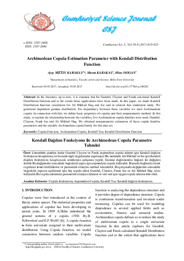 Pdf Archimedean Copula Estimation Parameter With Kendall Distribution