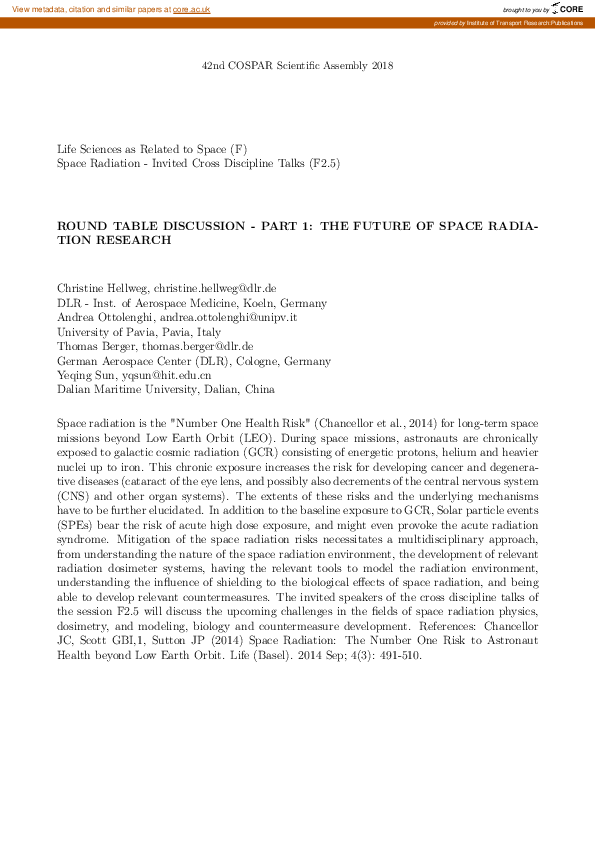 (PDF) Round Table Discussion - Part 1: The Future of Space Radiation ...