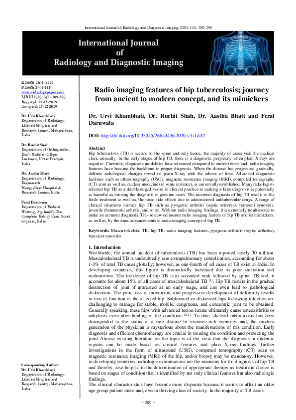 (PDF) Radio imaging features of hip tuberculosis; journey from ancient ...