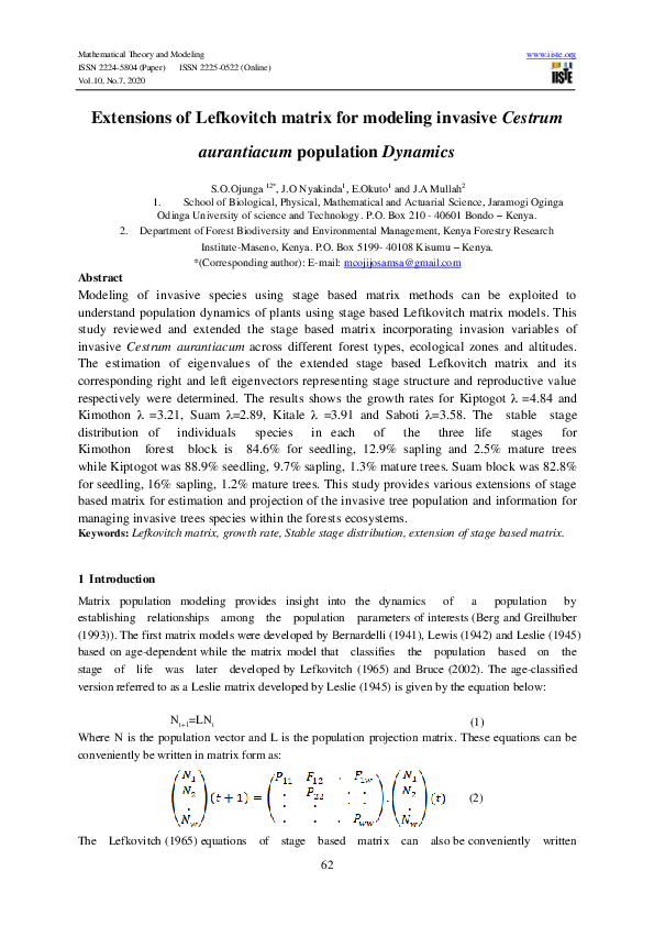 (PDF) Extensions of Lefkovitch matrix for modeling invasive Cestrum ...