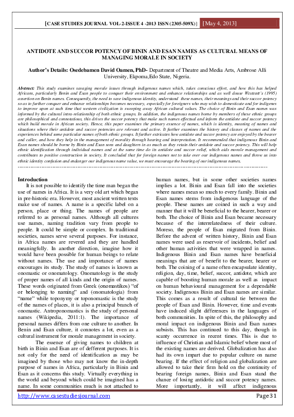 (PDF) Antidote and Succor Potency of Binin and Esan Names as Cultural Means of Managing Morale ...
