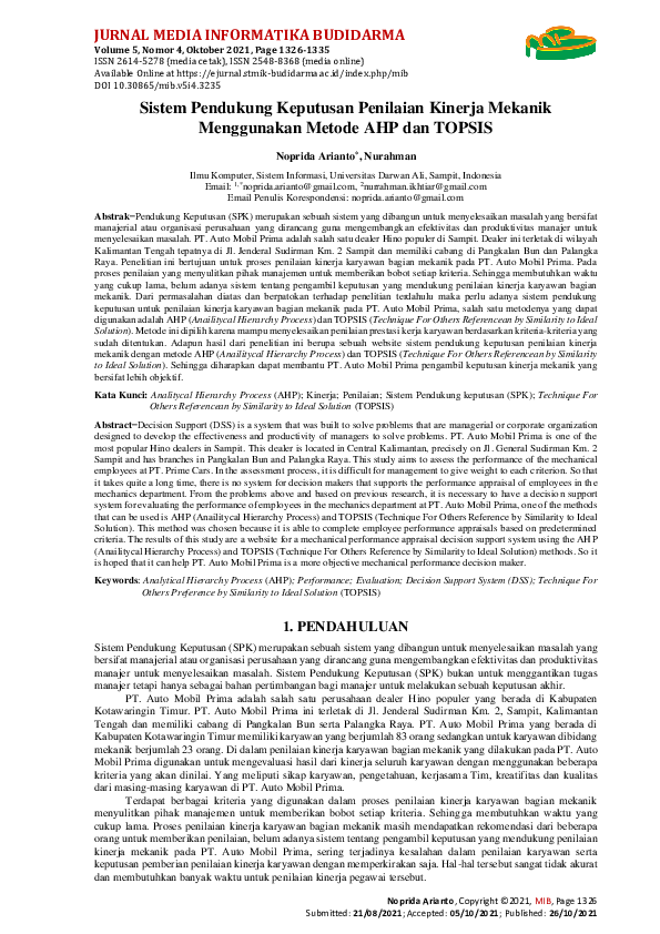 (PDF) Sistem Pendukung Keputusan Penilaian Kinerja Mekanik Menggunakan Metode AHP dan TOPSIS