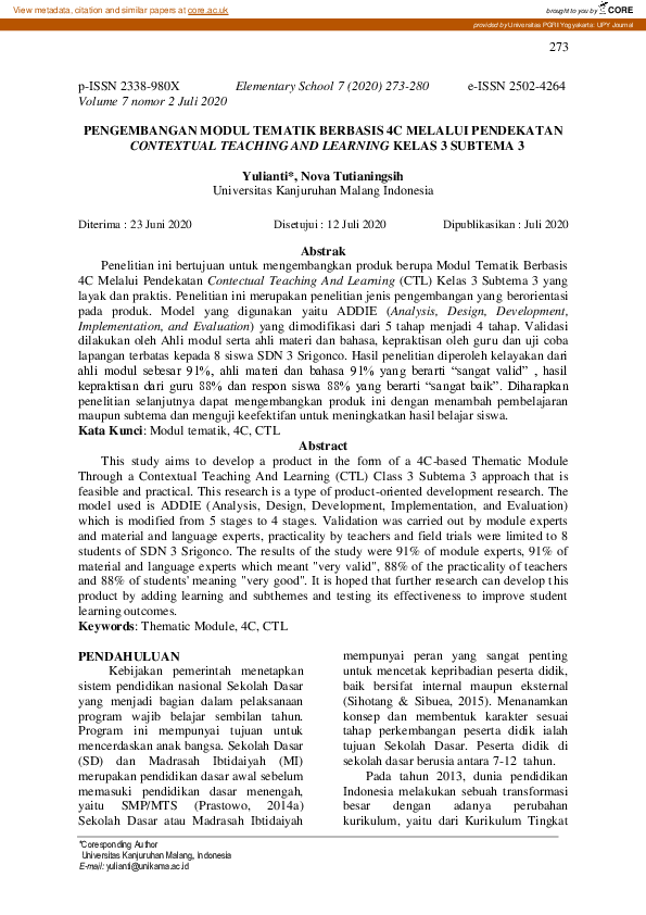 (PDF) Pengembangan Modul Tematik Berbasis 4C Melalui Pendekatan Contextual Teaching and Learning ...