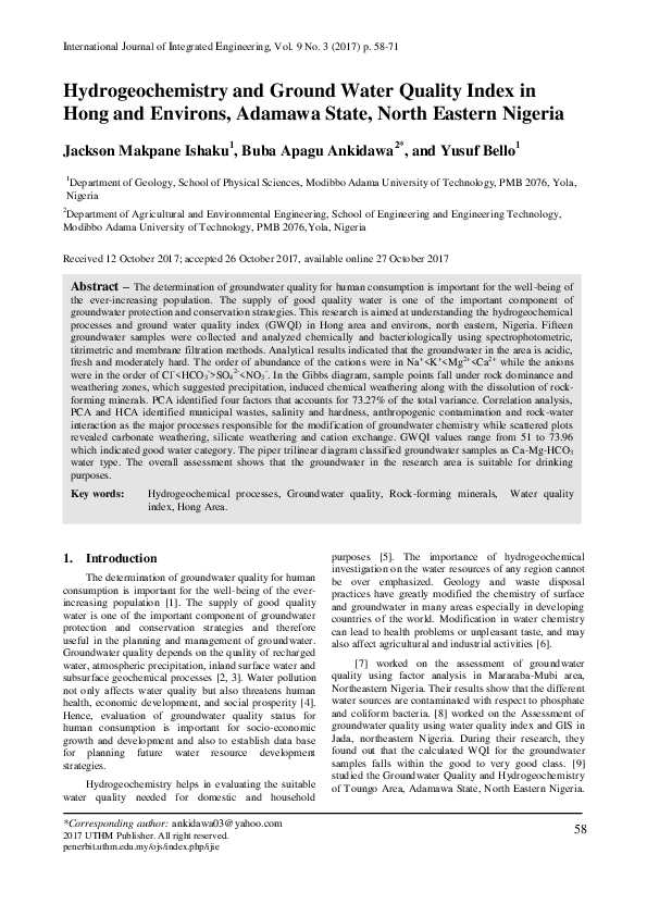 (PDF) Hydrogeochemistry and Ground Water Quality Index in Hong and ...