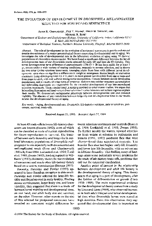 (PDF) The Evolution of Development in Drosophila melanogaster Selected for Postponed Senescence