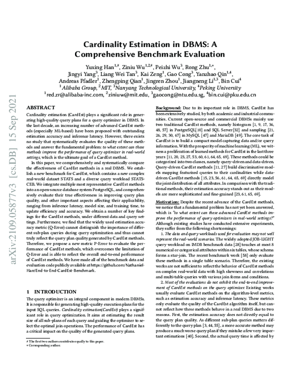 Pdf Cardinality Estimation In Dbms A Comprehensive Benchmark Evaluation