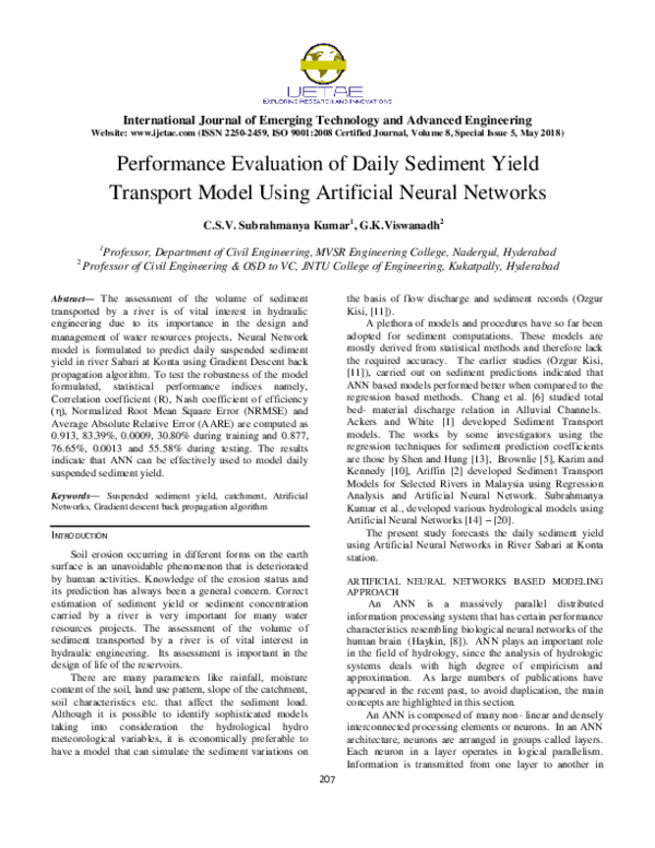 Pdf Performance Evaluation Of Daily Sediment Yield Transport Model Using Artificial Neural