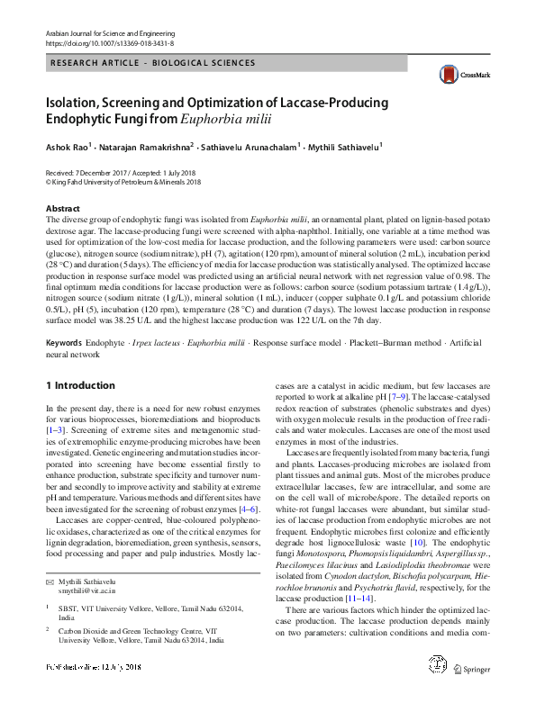 (PDF) Isolation, Screening and Optimization of Laccase-Producing Endophytic Fungi from Euphorbia ...