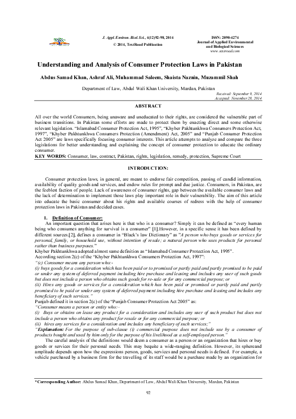 (PDF) Understanding and Analysis of Consumer Protection Laws in Pakistan