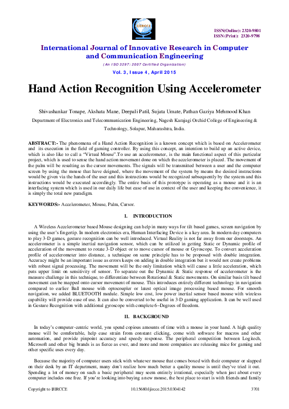Pdf Hand Action Recognition Using Accelerometer