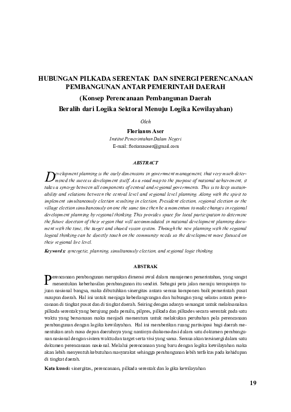 (PDF) HUBUNGAN PILKADA SERENTAK DAN SINERGI PERENCANAAN PEMBANGUNAN ...