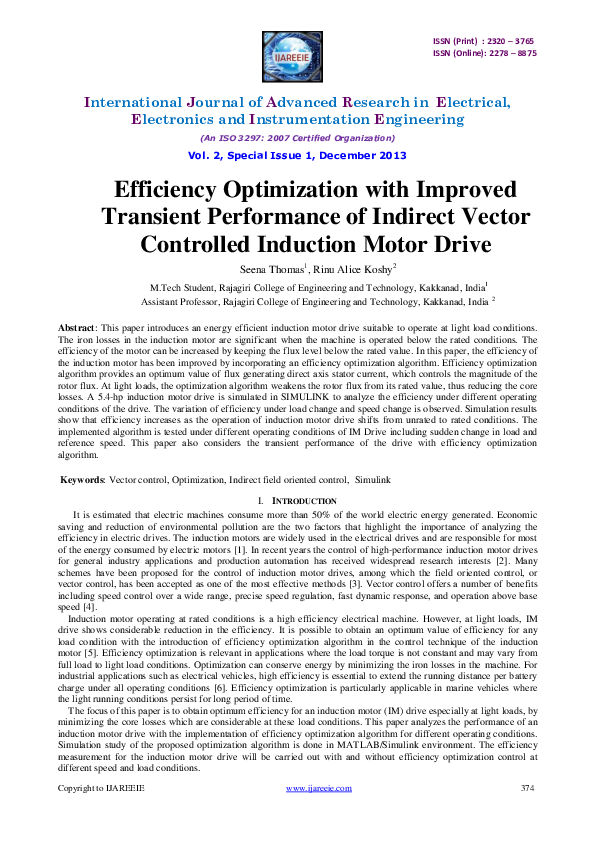 Pdf Efficiency Optimization With Improved Transient Performance Of Indirect Vector Controlled