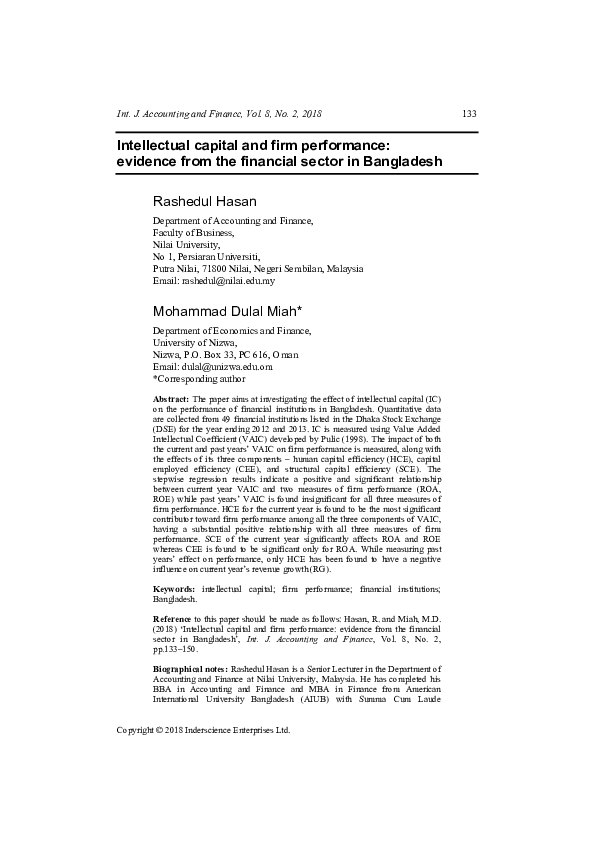 (PDF) Intellectual capital and firm performance: evidence from Indian banking sector
