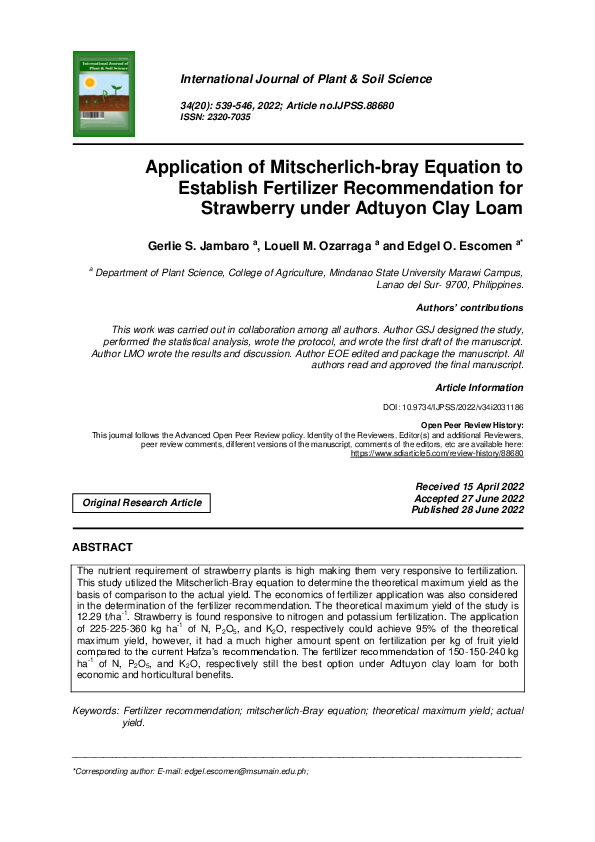 (PDF) Application of Mitscherlich-bray Equation to Establish Fertilizer ...