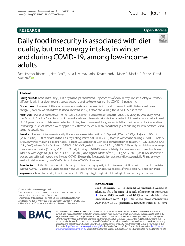 (PDF) Daily food insecurity is associated with diet quality, but not ...