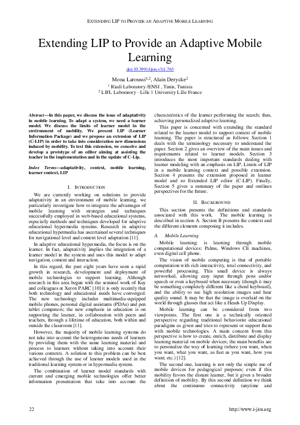 (PDF) Extending LIP to provide an adaptive mobile learning | Alain Derycke - Academia.edu