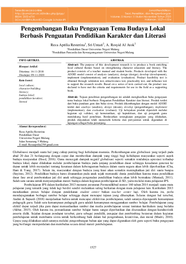 (PDF) Pengembangan Buku Pengayaan Tema Budaya Lokal Berbasis Penguatan Pendidikan Karakter dan ...