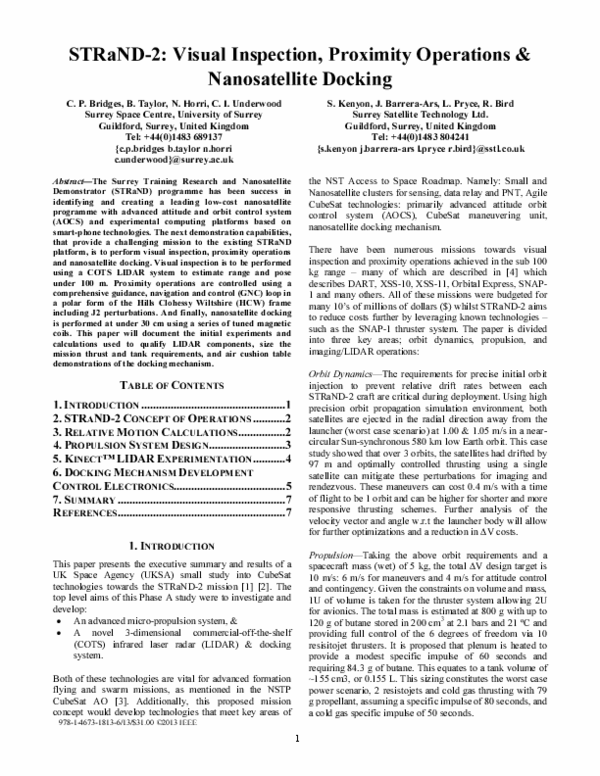 (PDF) STRaND-2: Visual inspection, proximity operations & nanosatellite docking | C. Underwood ...