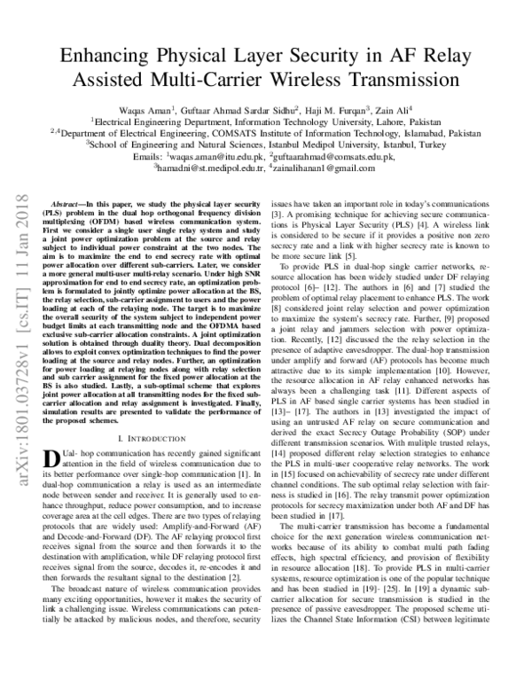 Pdf Enhancing Physical Layer Security In Af Relay Assisted Multicarrier Wireless Transmission
