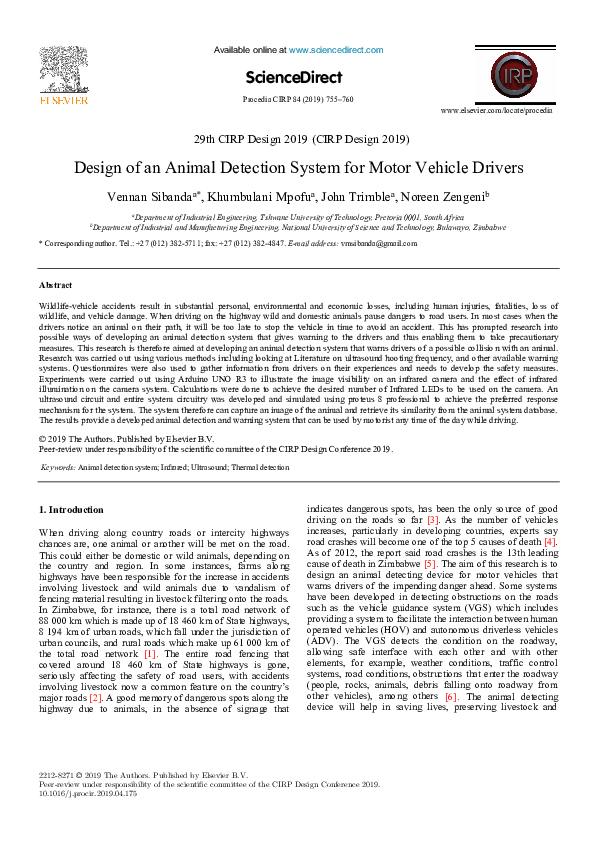 (PDF) Design of an Animal Detection System for Motor Vehicle Drivers