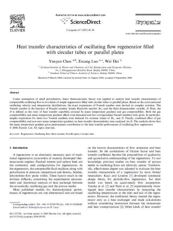 (PDF) Heat transfer characteristics of oscillating flow regenerator ...