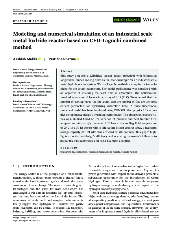 (PDF) Modeling and numerical simulation of an industrial scale metal hydride reactor based on ...