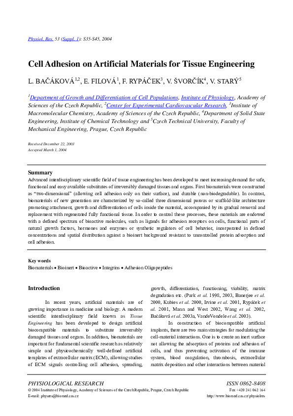 (PDF) Cell adhesion on artificial materials for tissue engineering