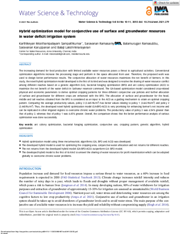 Pdf Hybrid Optimization Model For Conjunctive Use Of Surface And Groundwater Resources In