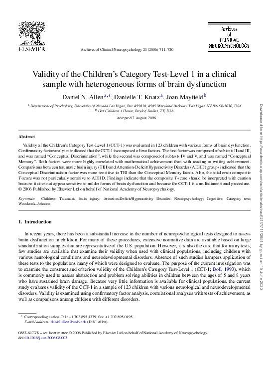 (PDF) Validity of the Children's Category Test-Level 1 in a clinical ...